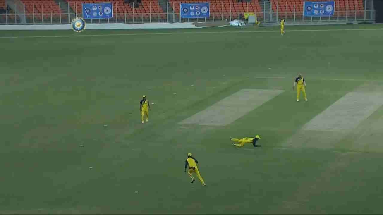 Arun Karthik takes a fine low catch